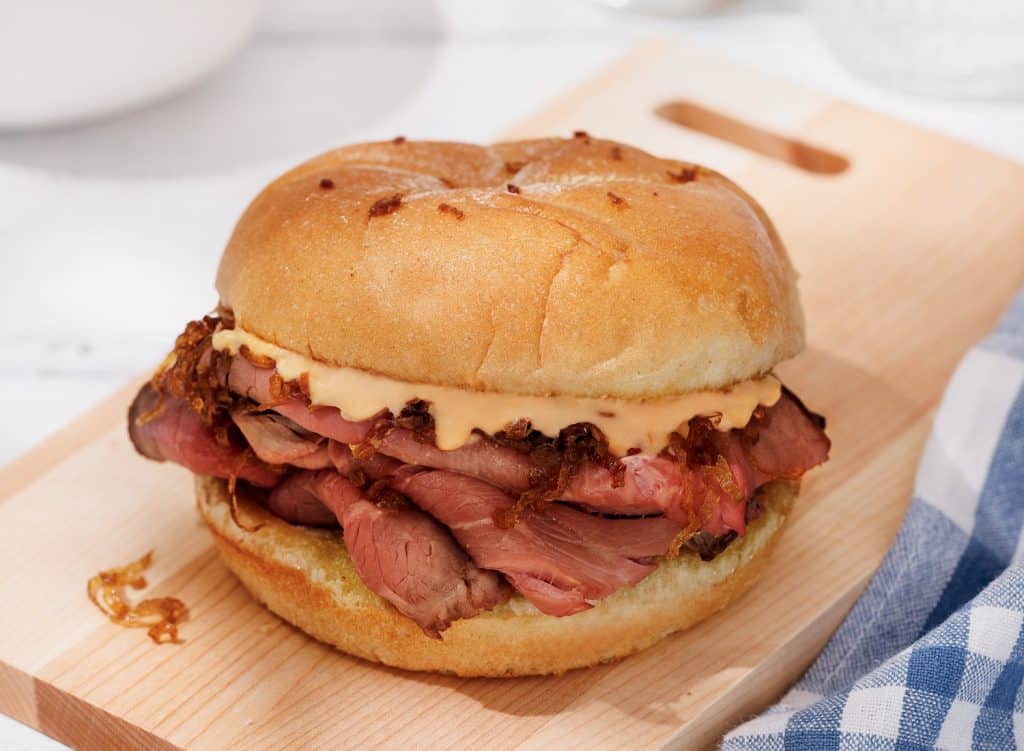 Roast Beef Sandwiches with Pimento Cheese Sauce and Frizzled Shallots ...